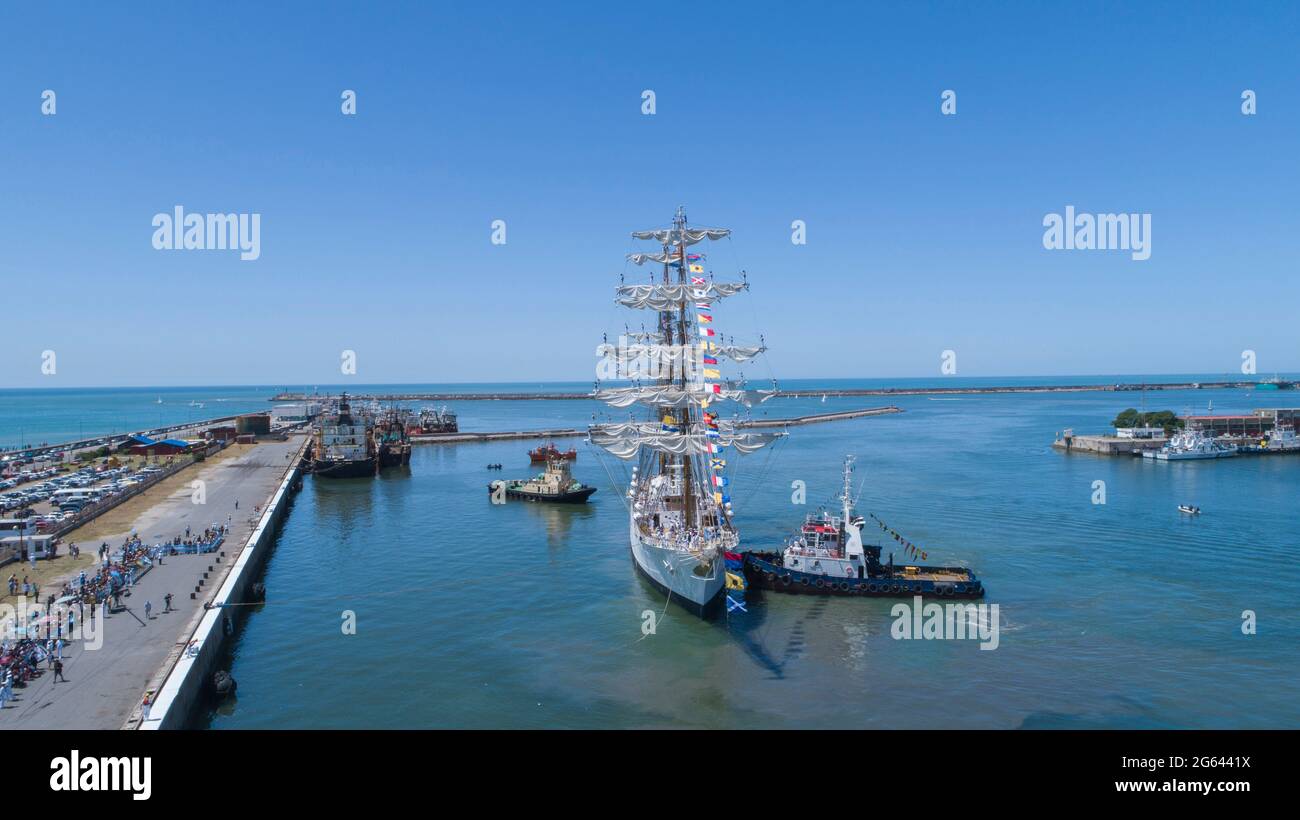 Aerial plan of freedom frigate arriving in port. Buenos Aires ...