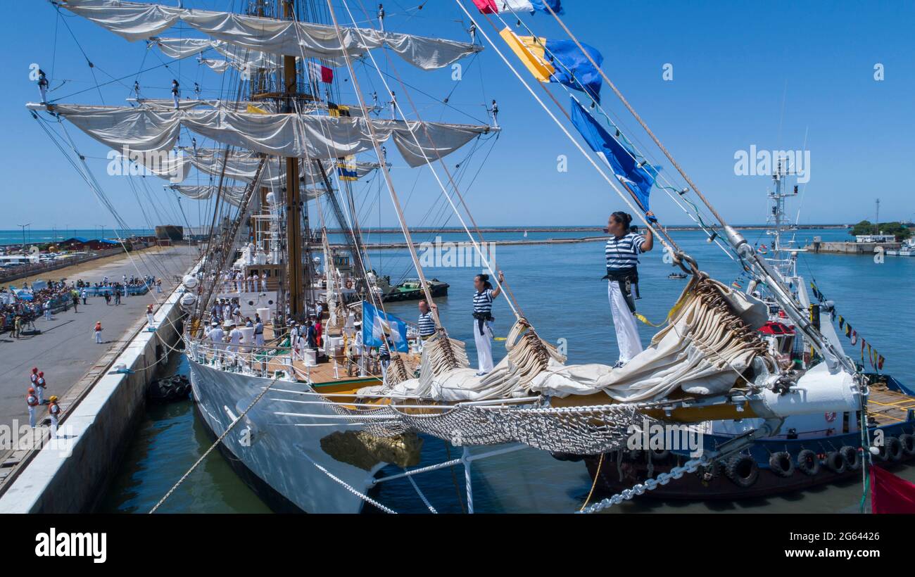 Aerial plan of freedom frigate arriving in port. Buenos Aires ...