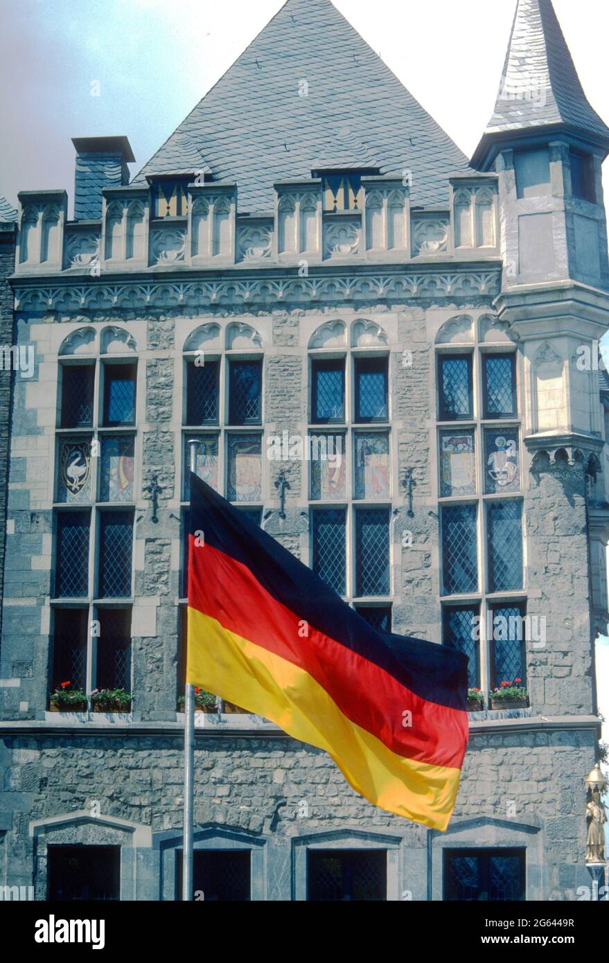 German flag flying outside the tourist office in 1981, Aachen, North ...