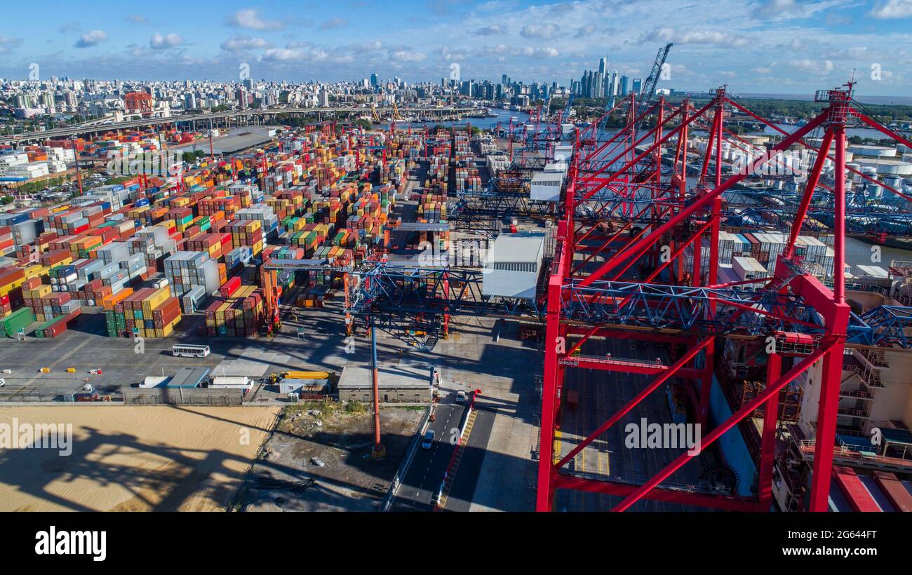 Aerial view with drone Container ship is loading in a harbor Stock ...