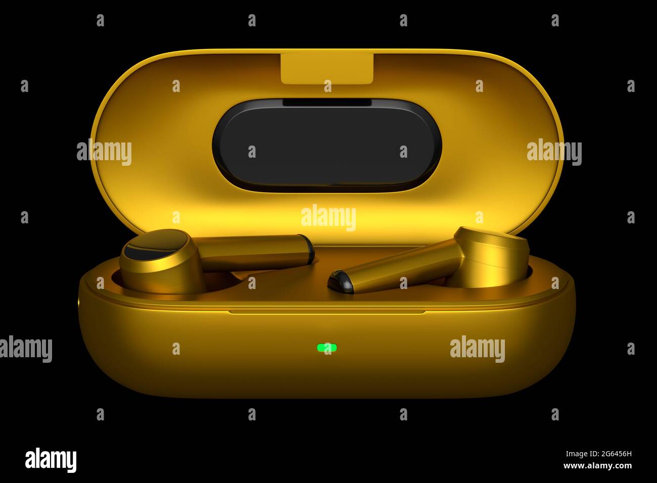 3D rendering of wireless earphones in base box on black background ...