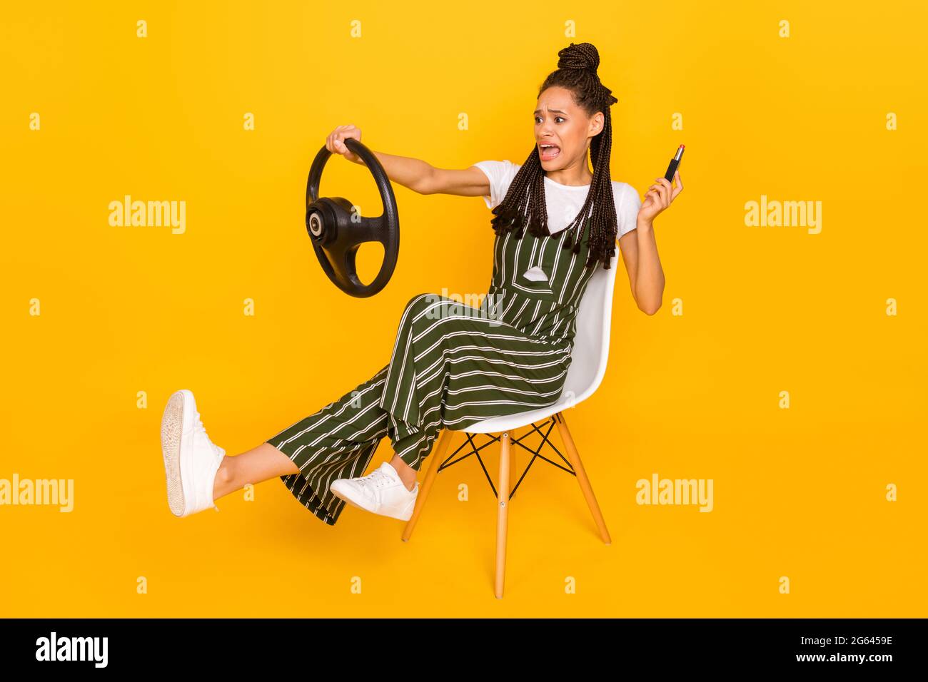 Full body photo of unahppy afro american young woman drive car ...