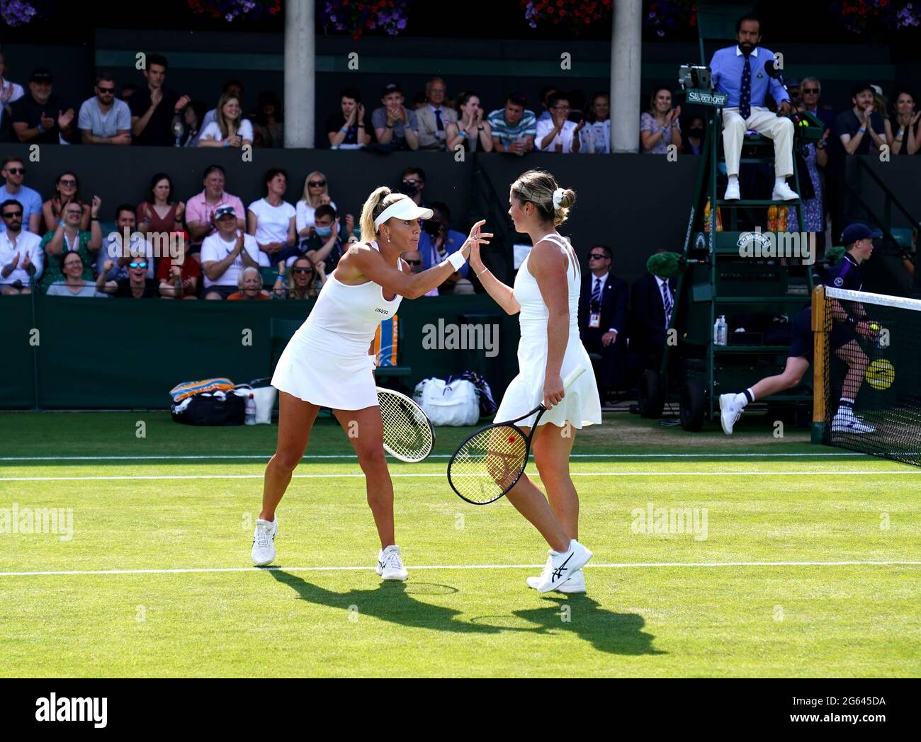 Sarah Beth Grey (right) and Emily Webley-Smith in action against Tereza ...