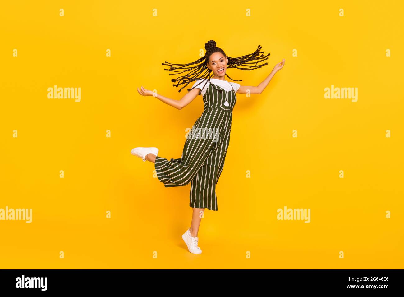 Full length photo of charming young dark skin woman fly hair good mood ...