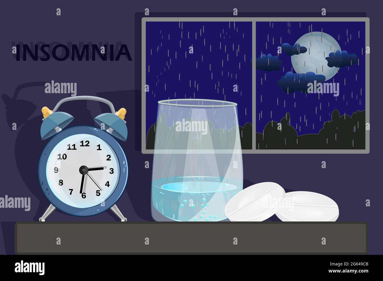 Sleep disorder or insomnia concept. Clock, glass with water and pill on ...