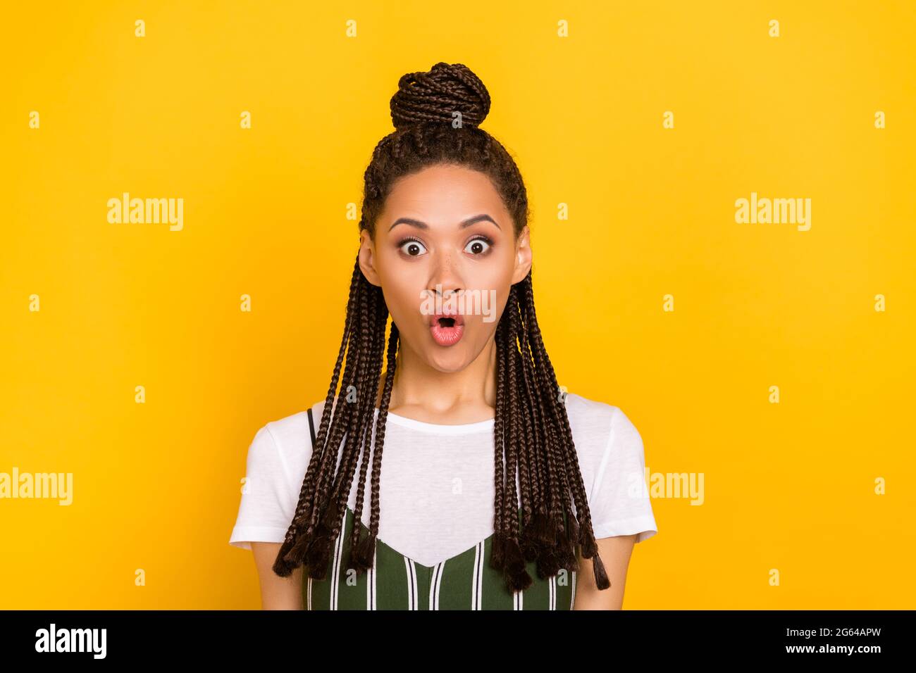 Photo of young afro girl amazed shocked surprised fake novelty news ...