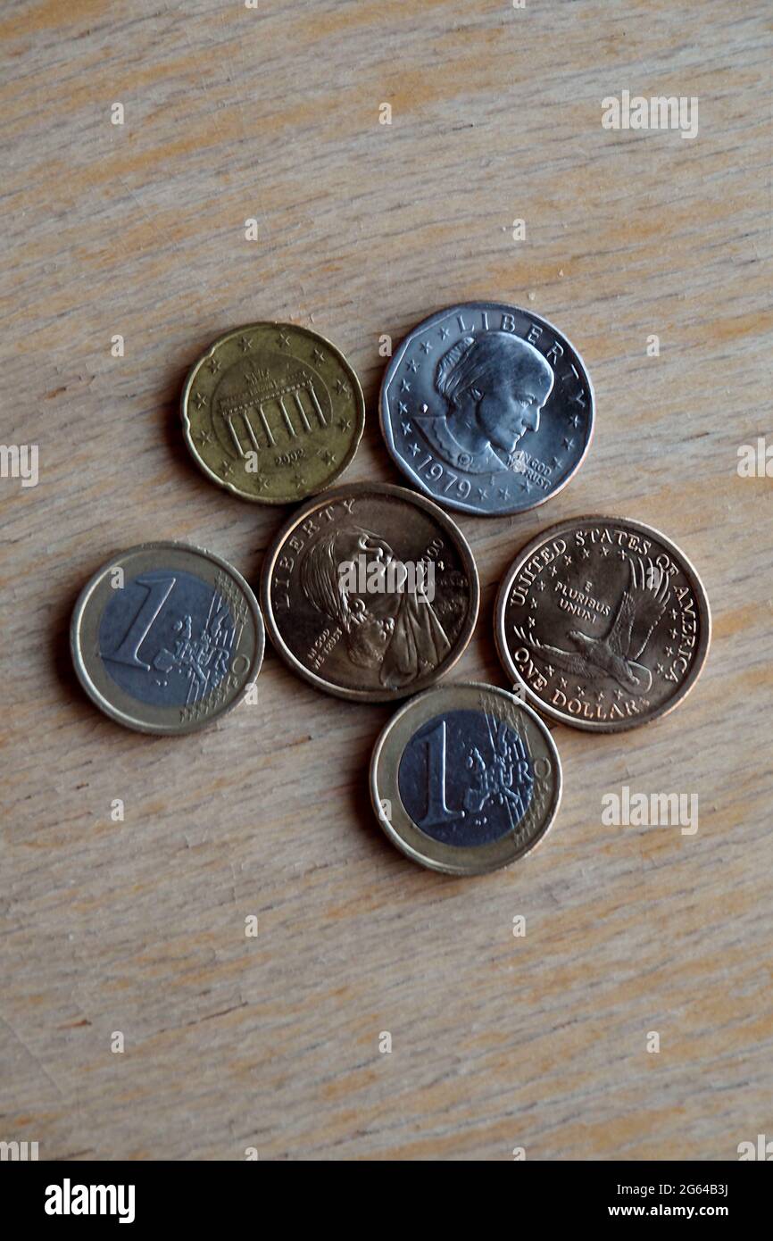 Kastrup.Copenhagen.Denmark 23 August 2015 American dollar and euro oins ...