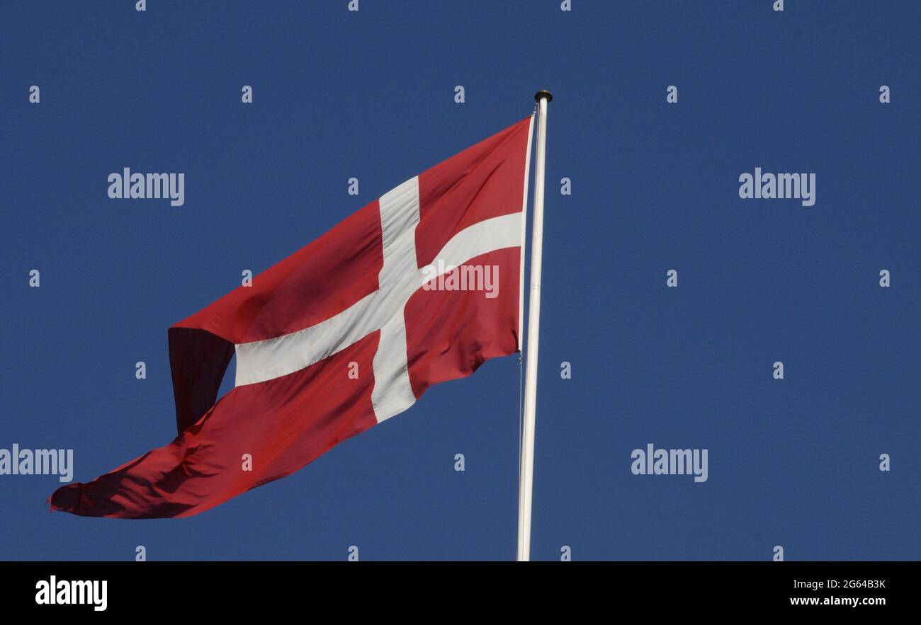 Copenhagen/Denmark/ 23 August 2015 Dannebrog red and white danish flag ...