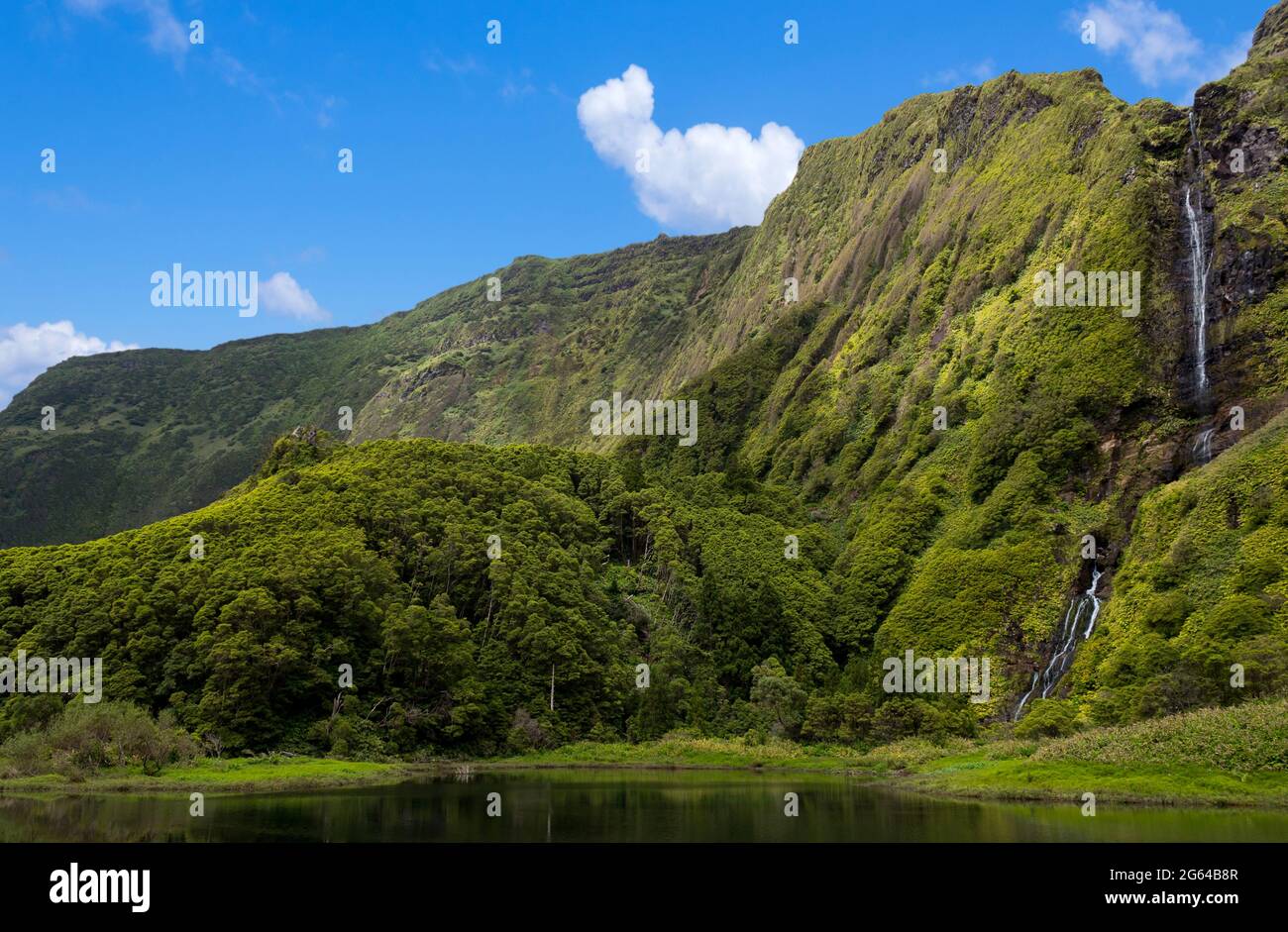 Azores landscape with waterfalls and cliffs in Flores island. Portugal ...