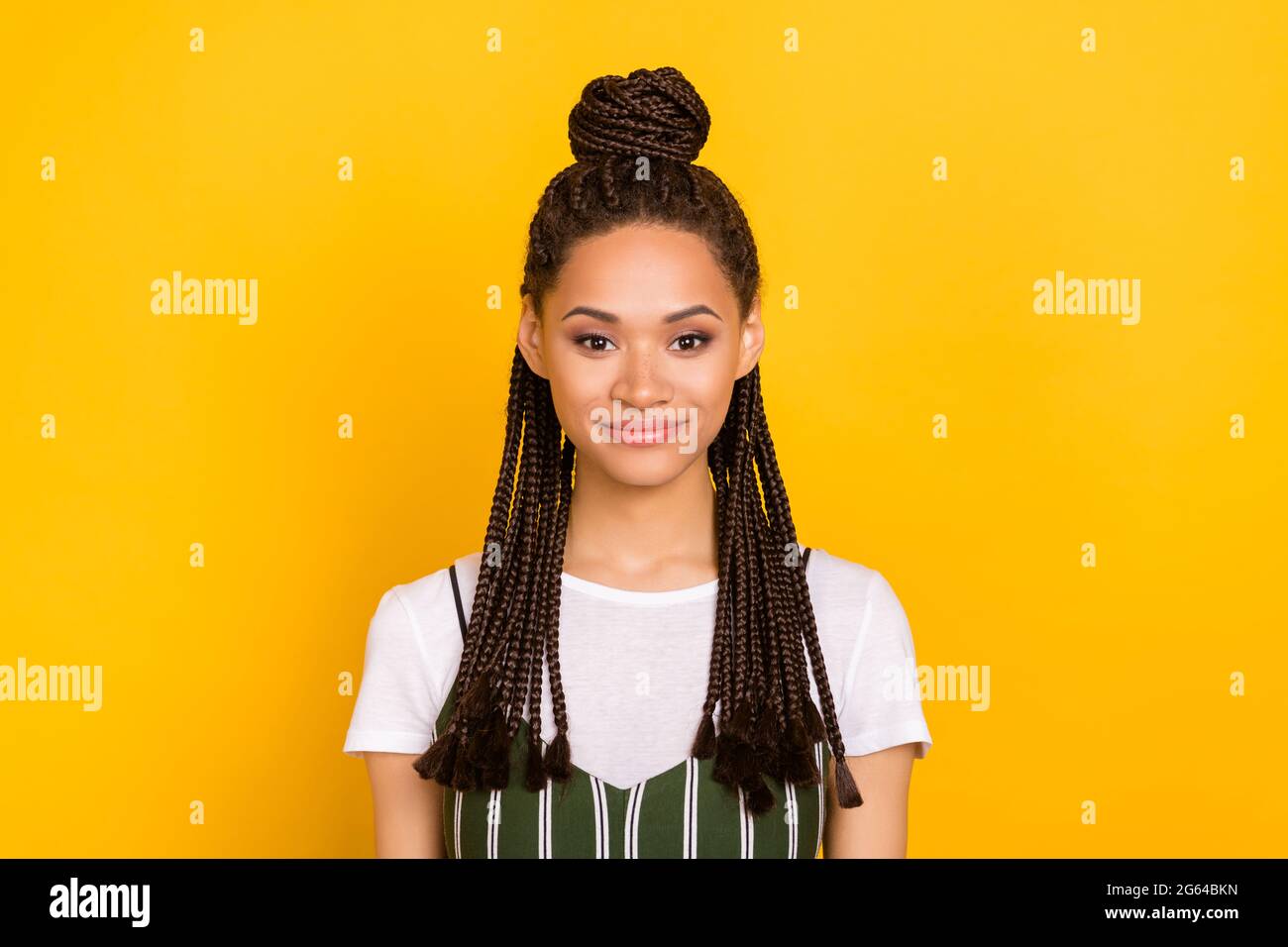 Portrait of attractive cheery content brown-haired girl wearing modern ...
