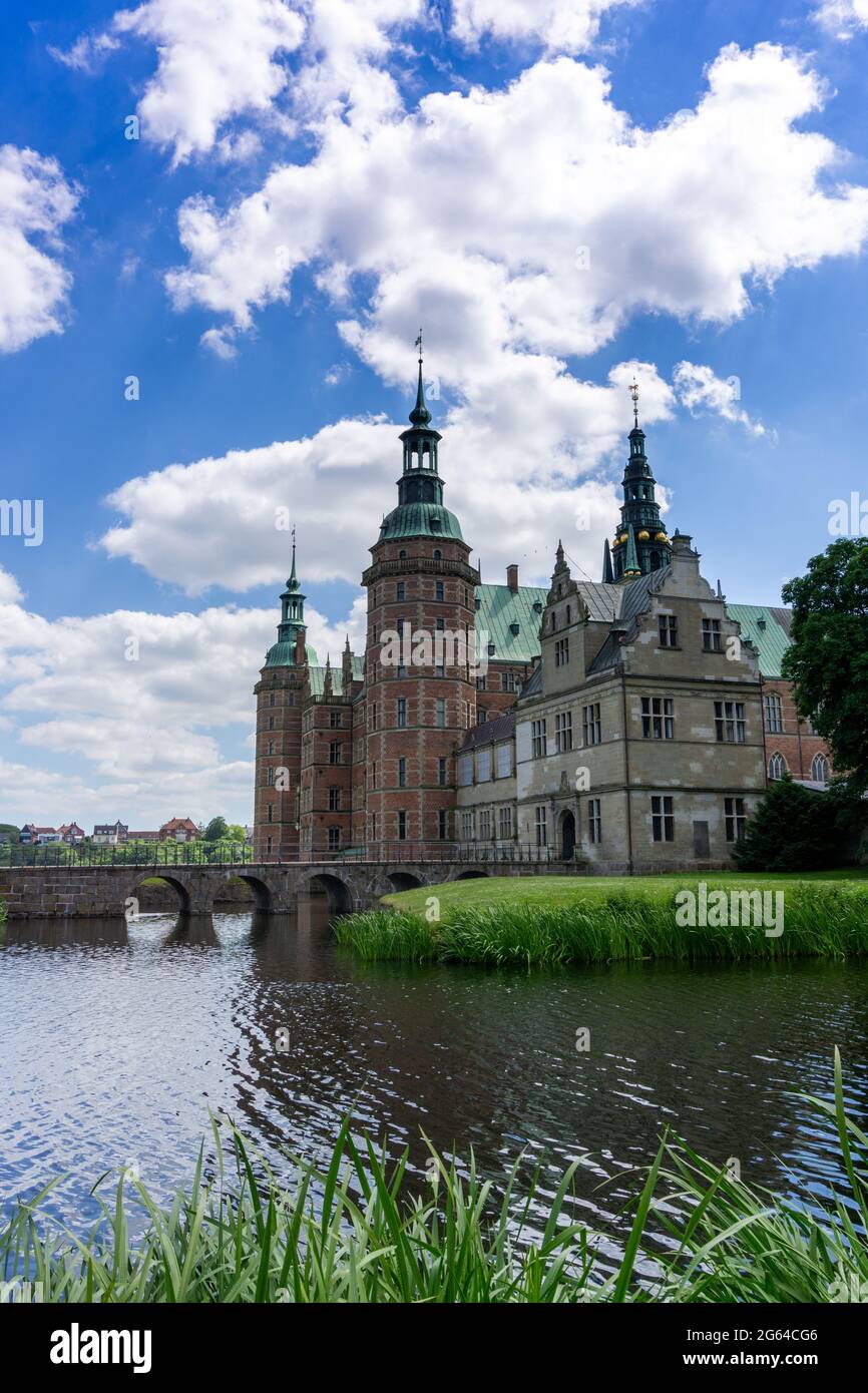 Hillerod, Denmark - 16 June, 2021: vertical view of the Frederiksborg ...