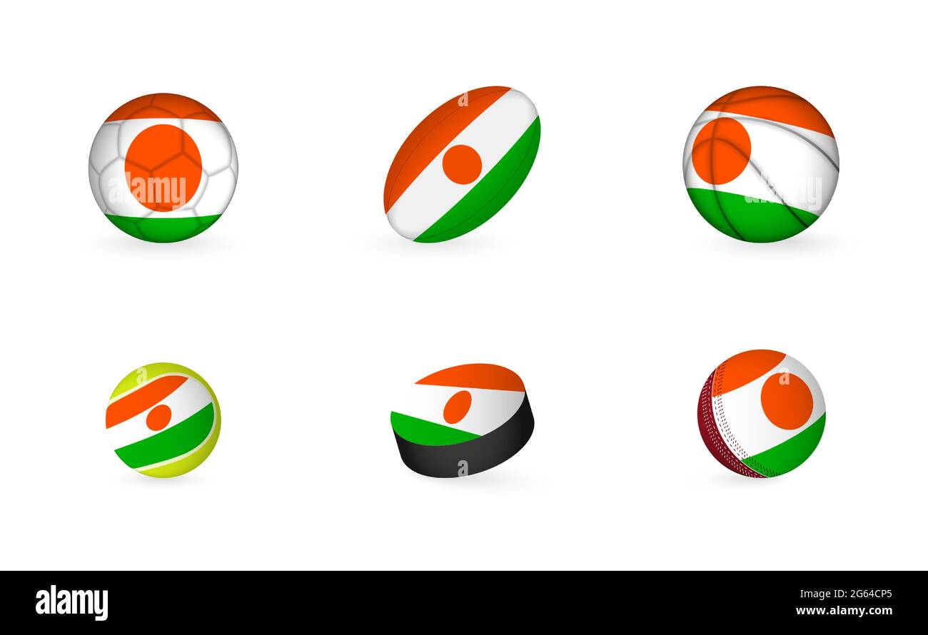 Sports equipment with flag of Niger. Sports icon set of Football, Rugby ...