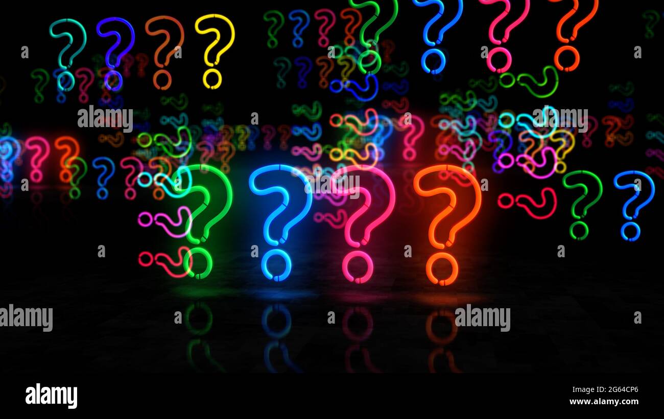 Question mark neon symbol. Light color bulbs with quiz sign. Abstract ...