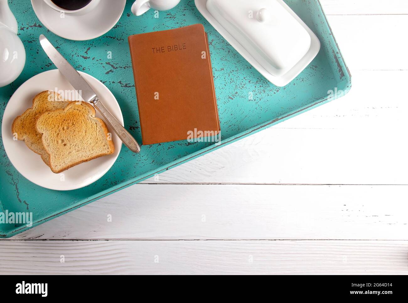 A Bible on a Breakfast Tray Ready for a Personal Bible Study Stock ...