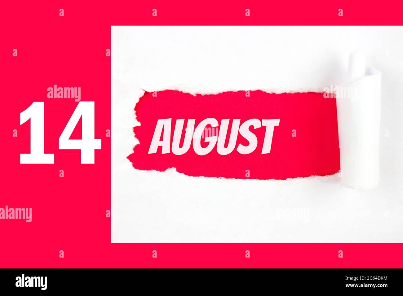 August 14th. Day 14 of month, Calendar date. Red Hole in the white ...