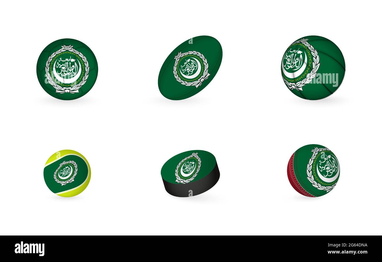 Sports equipment with flag of Arab League. Sports icon set of Football ...