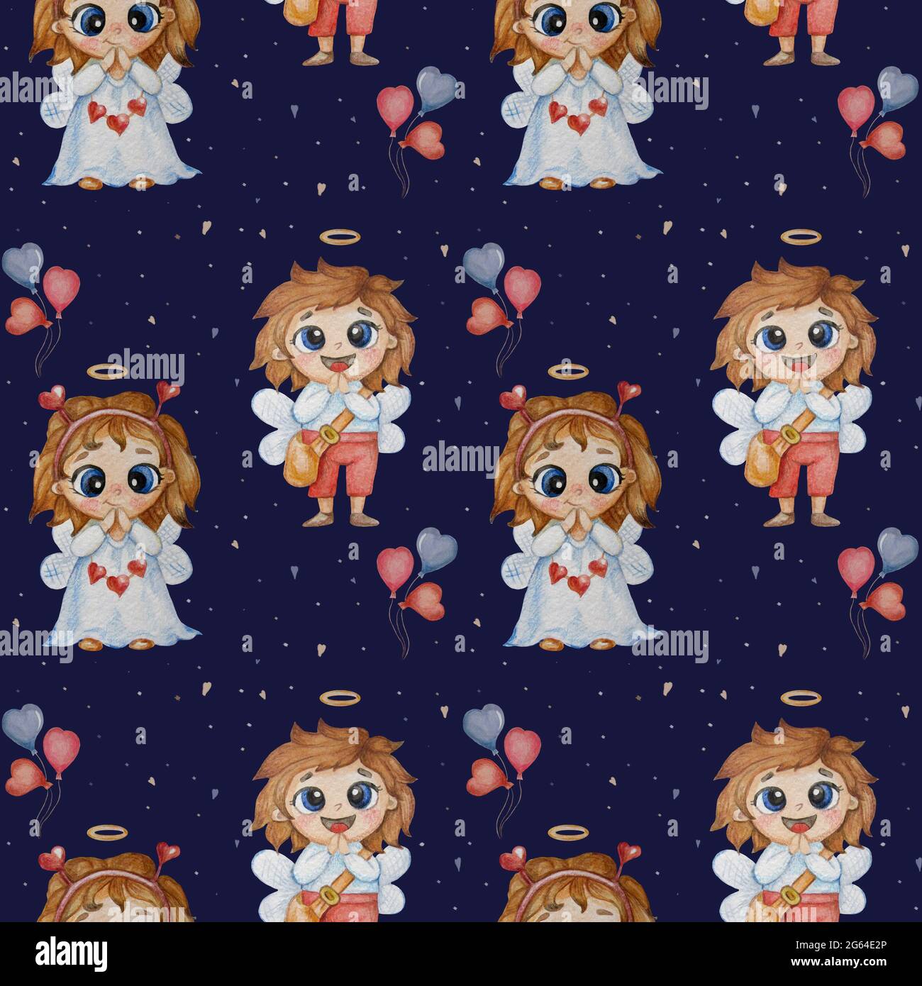 Kids collection of seamless patterns. Cute couple of children angels ...