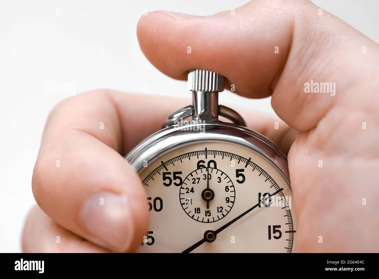 Stopwatch button presses hand finger on white background, isolate Stock ...