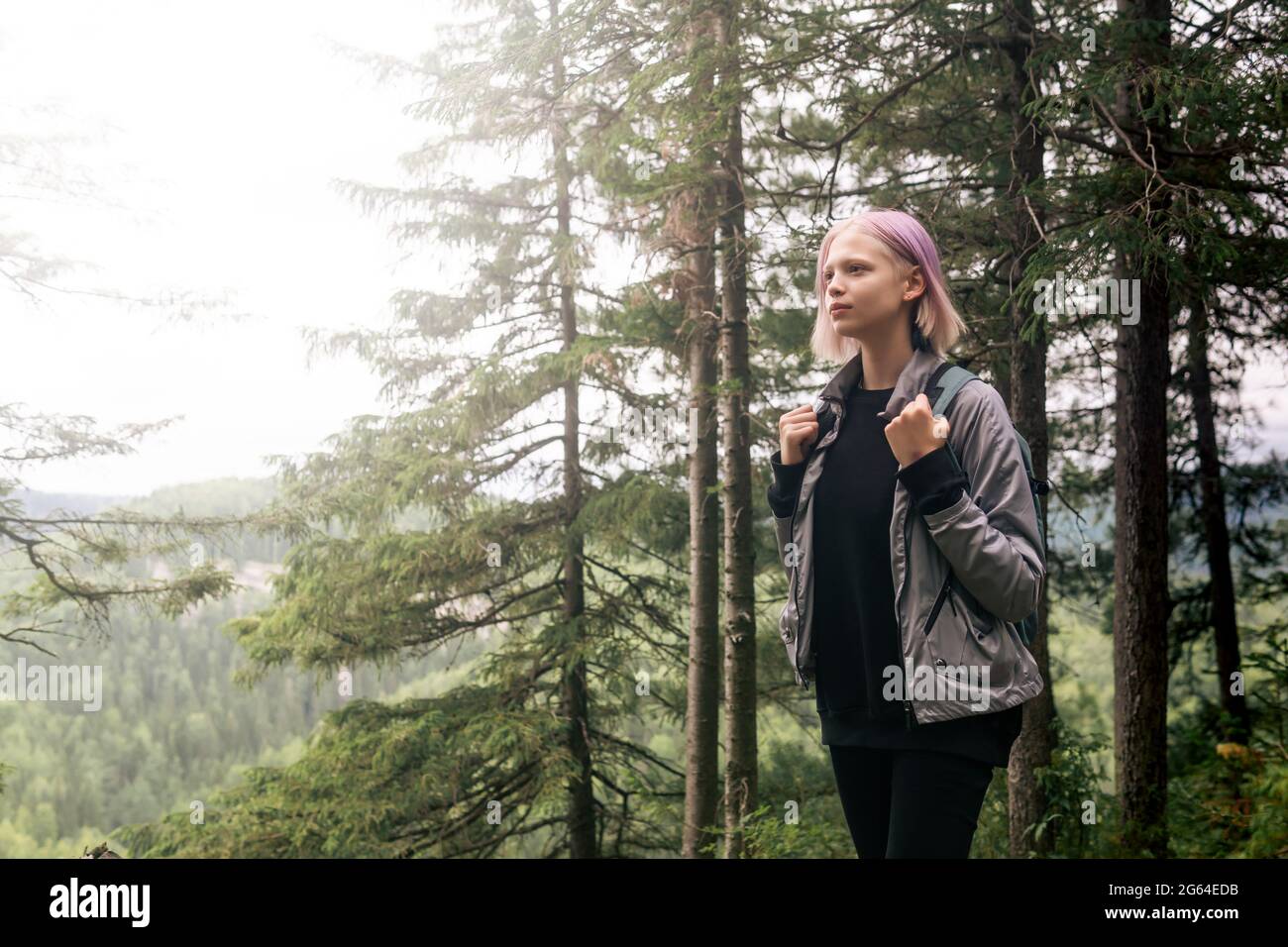 teenage girl doing backpacking on a trail in a mountain forest Stock ...
