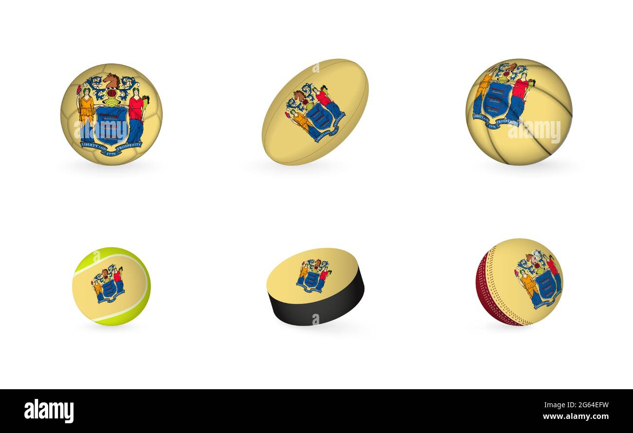 Sports equipment with flag of New Jersey. Sports icon set of Football ...