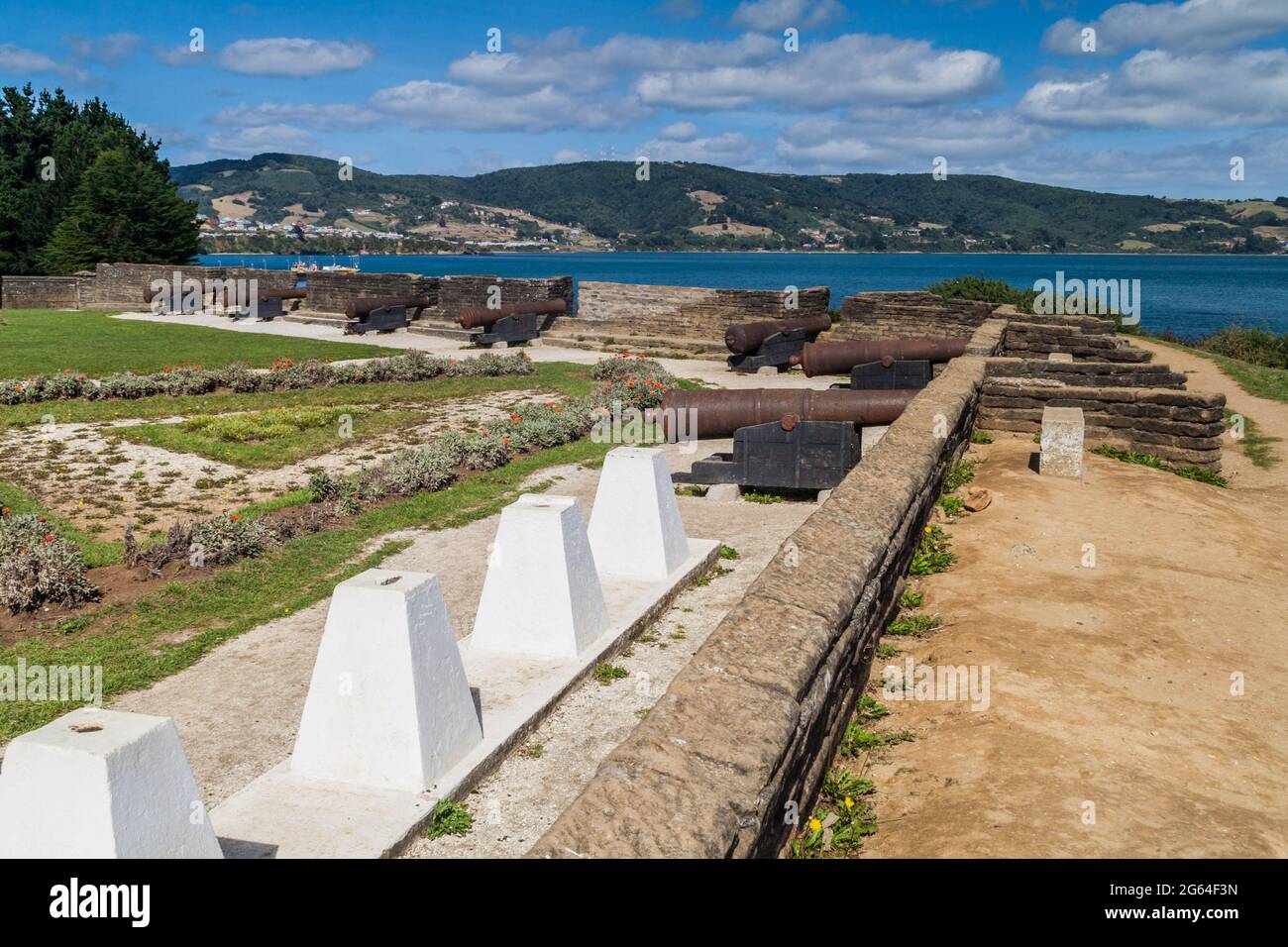 Cannons on a fortification of a fort Fuerte San Antonio in Ancud ...