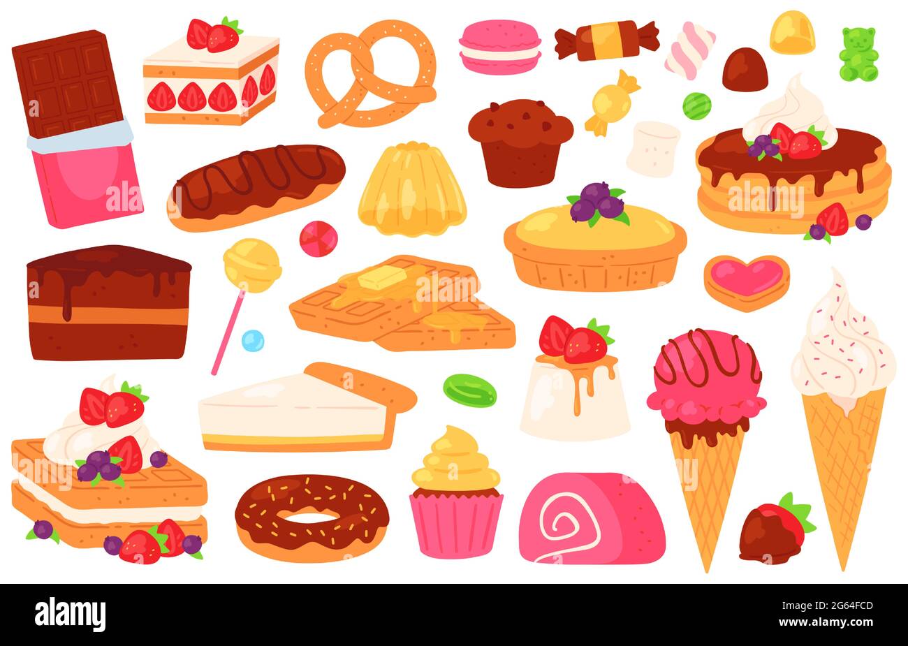 Cartoon confectionery sweets. Chocolate cake, cupcake, sweet baked ...