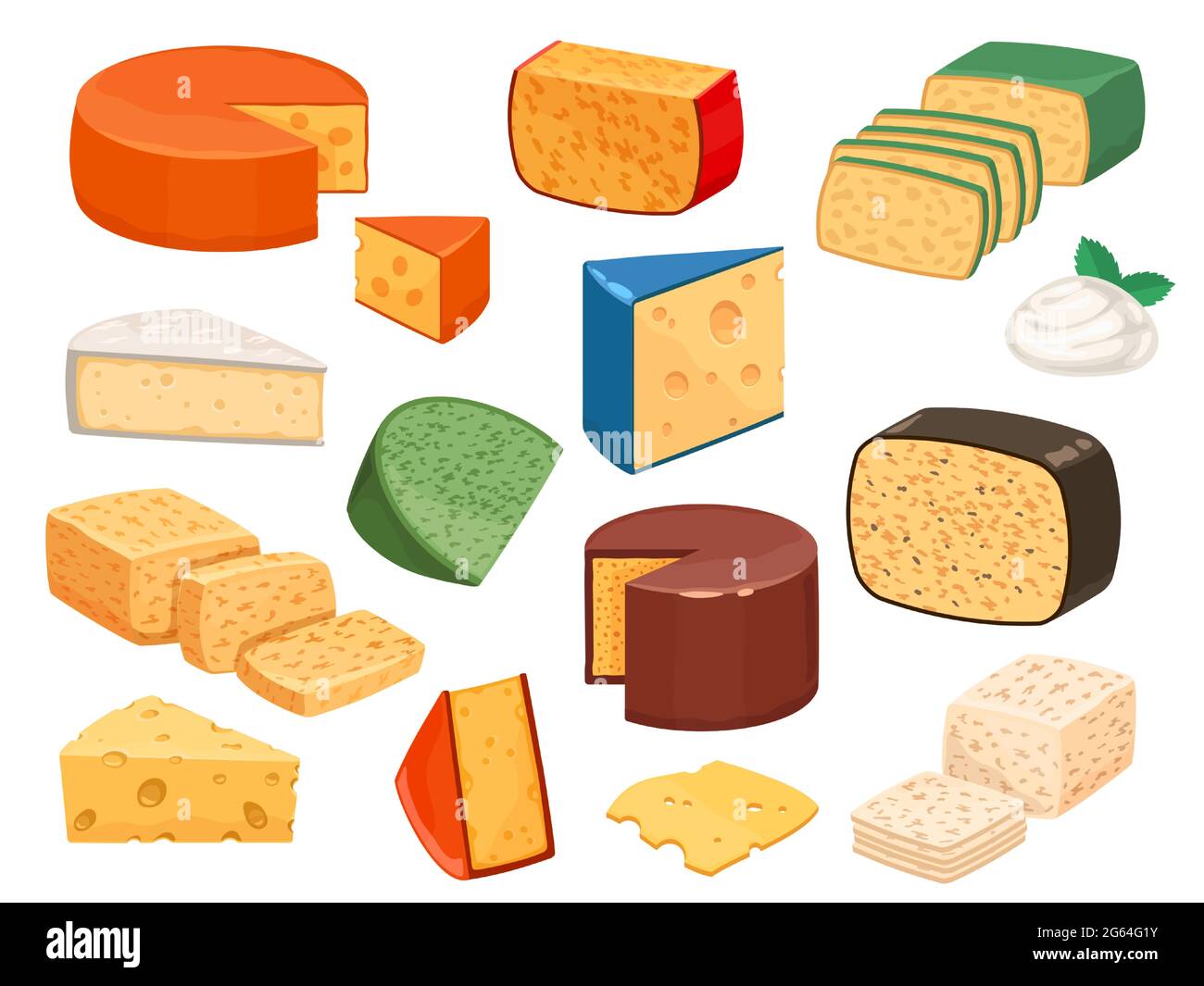 Cheese types. Cartoon cutted parmesan, brie triangle, mozzarella, gouda ...
