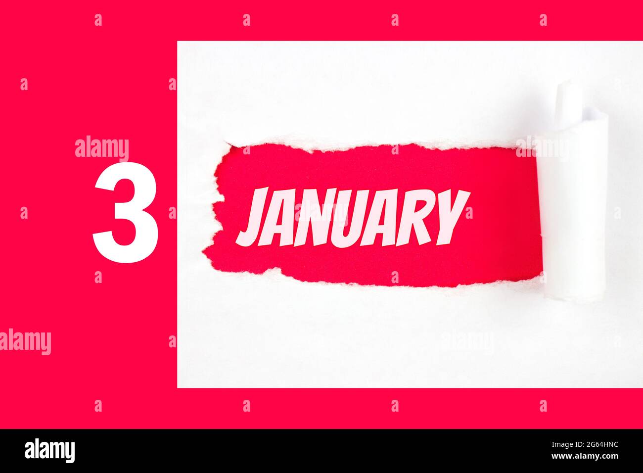 January 3rd. Day 3 of month, Calendar date. Red Hole in the white paper ...