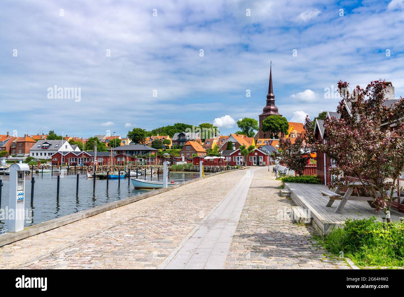 Nysted, Denmark - 11 June, 2021: harbor front promenade and picturesque ...