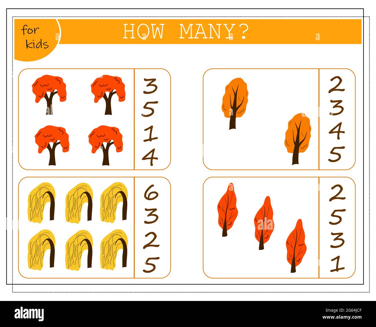 Math game for children, count how many autumn trees. Vector isolated on ...