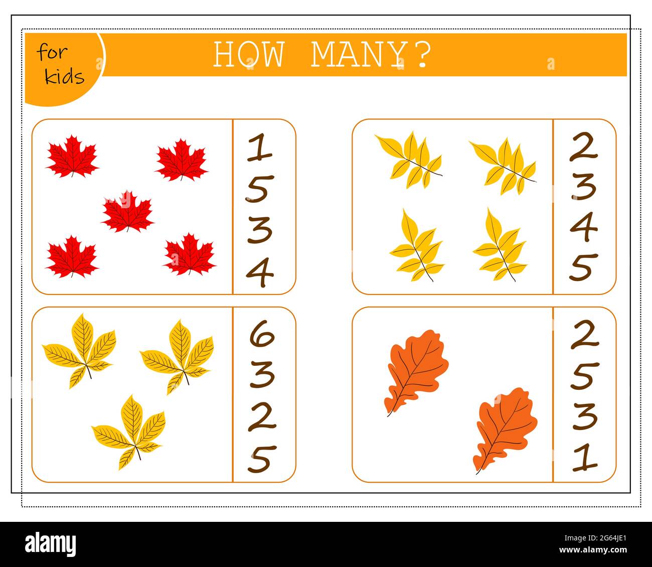 Math game for children, count how many autumn leaves. Vector isolated ...