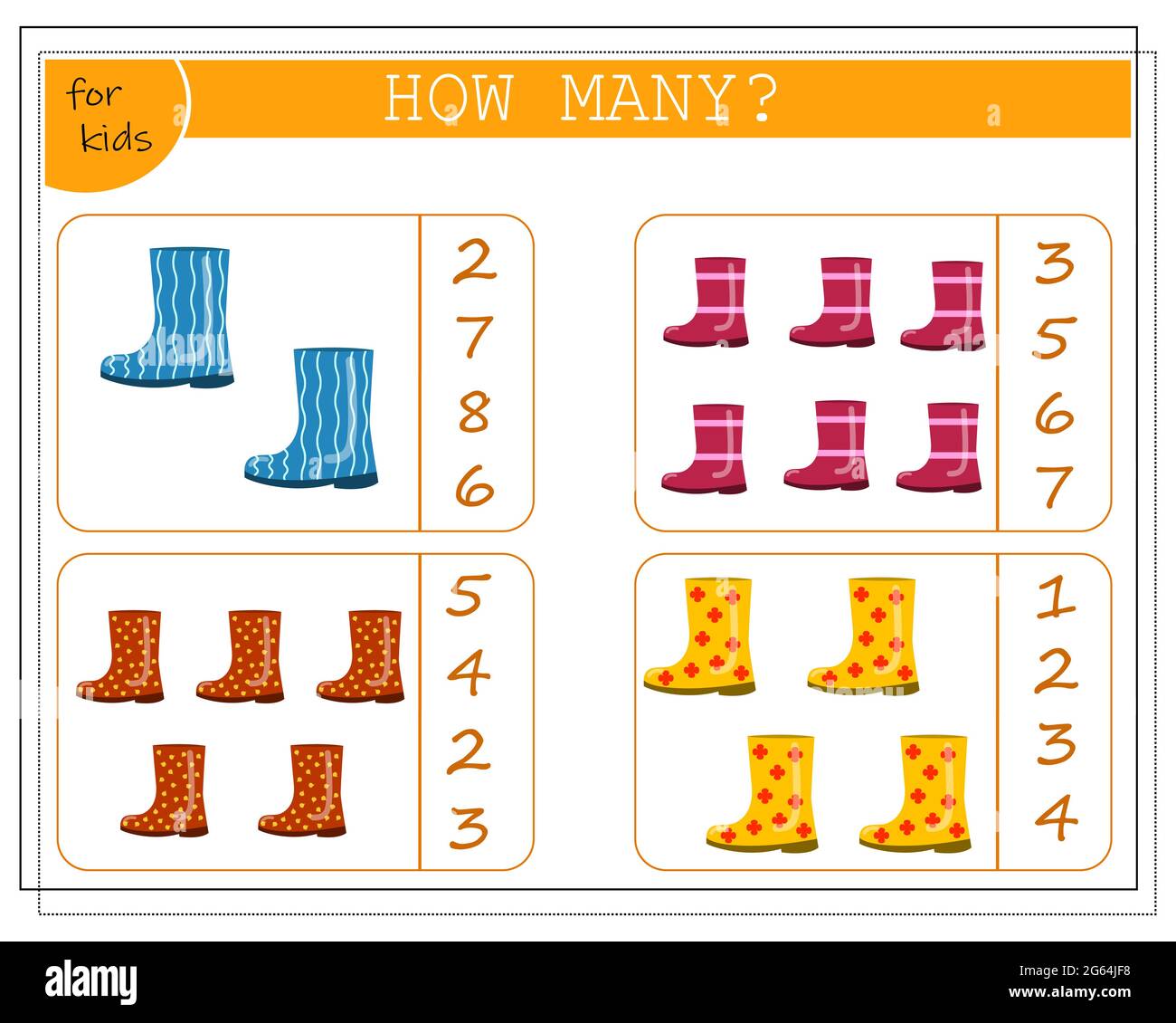 Math game for kids, count how many rubber boots. Vector isolated on a ...