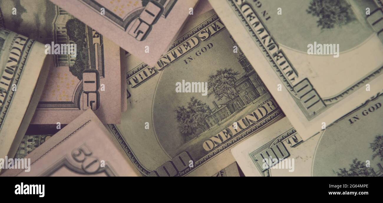 Financial background of mess US dollar paper cash banknotes. Banner ...
