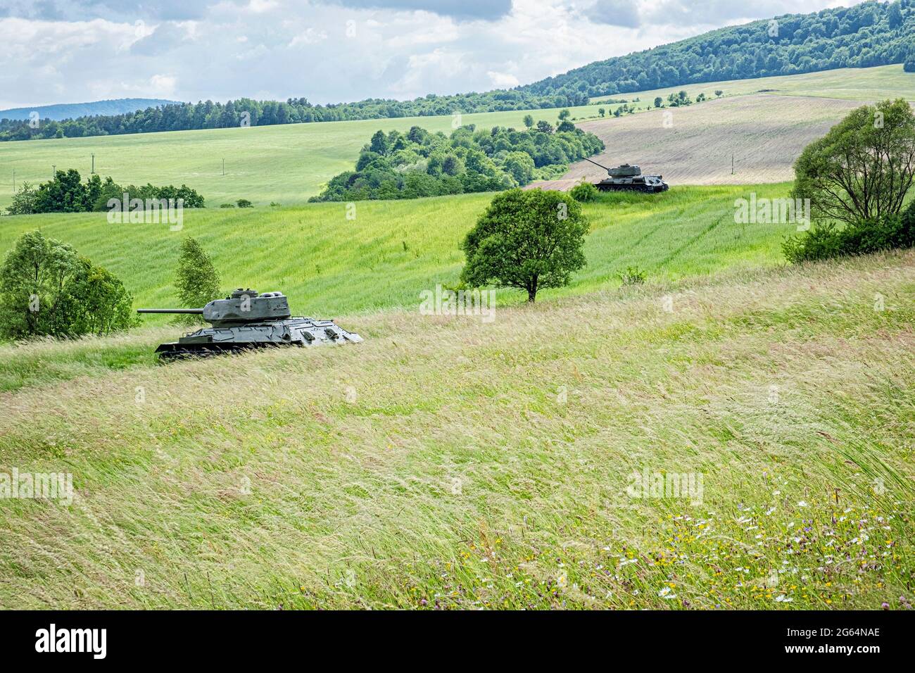 Historic russian tanks T34 in The Death Valley, near Kapisova village ...