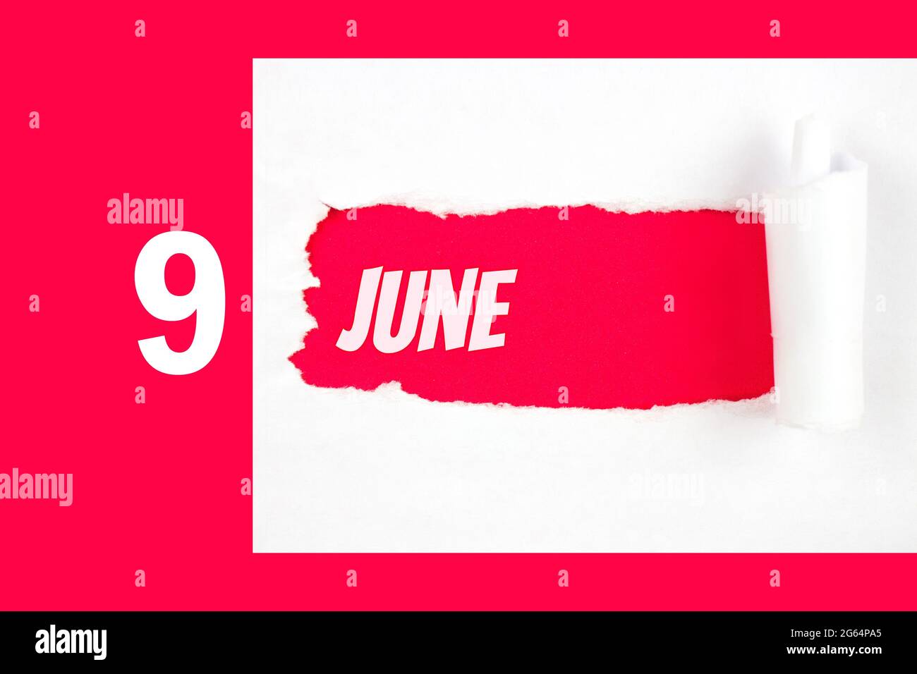June 9th. Day 9 of month, Calendar date. Red Hole in the white paper ...