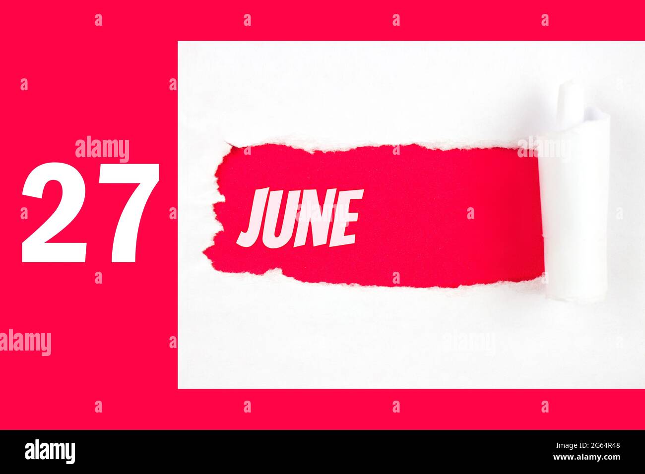 June 27th. Day 27 of month, Calendar date. Red Hole in the white paper ...