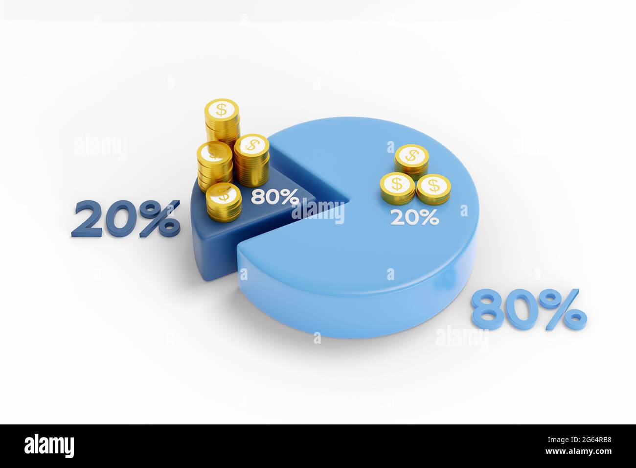 Pareto principle with pie charts and coins. 3d illustration Stock Photo - Alamy