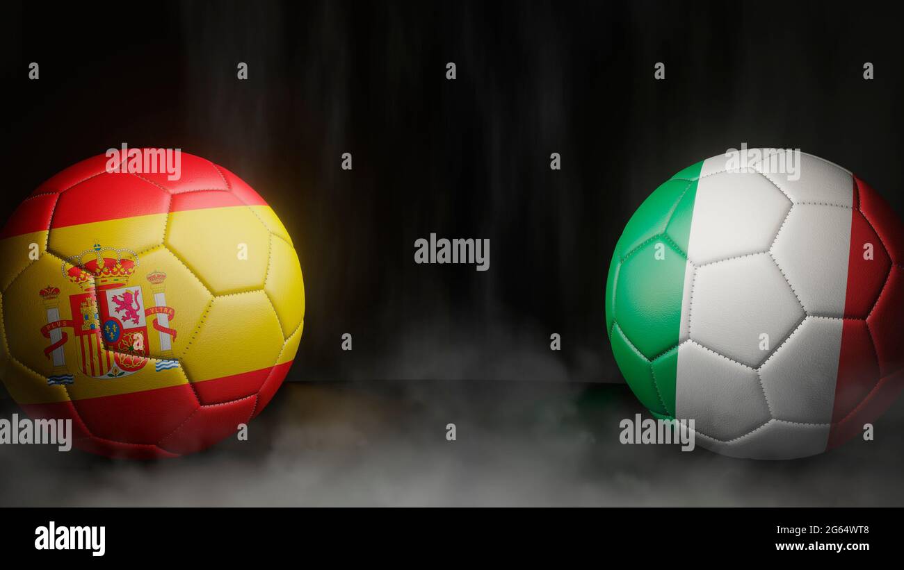 Two soccer balls in flags colors on a black abstract background. Spain ...