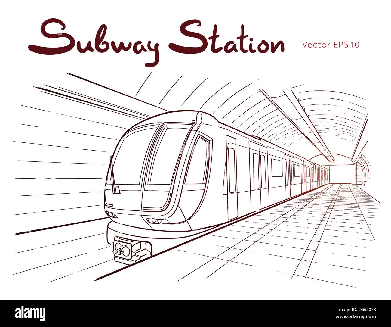 Hand drawn ink line sketch subway station, train in outline style ...