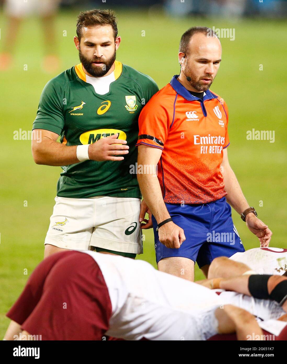 South Africa's Cobus Reinach and Referee Mike Adamson during the Summer ...