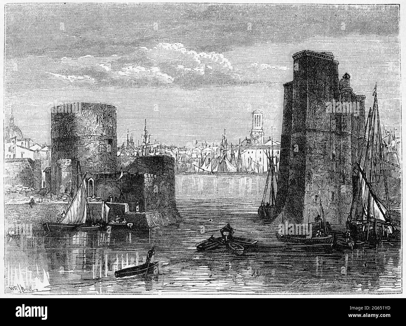 Engraving of the city of La Rochelle in France in the 1500s. La ...