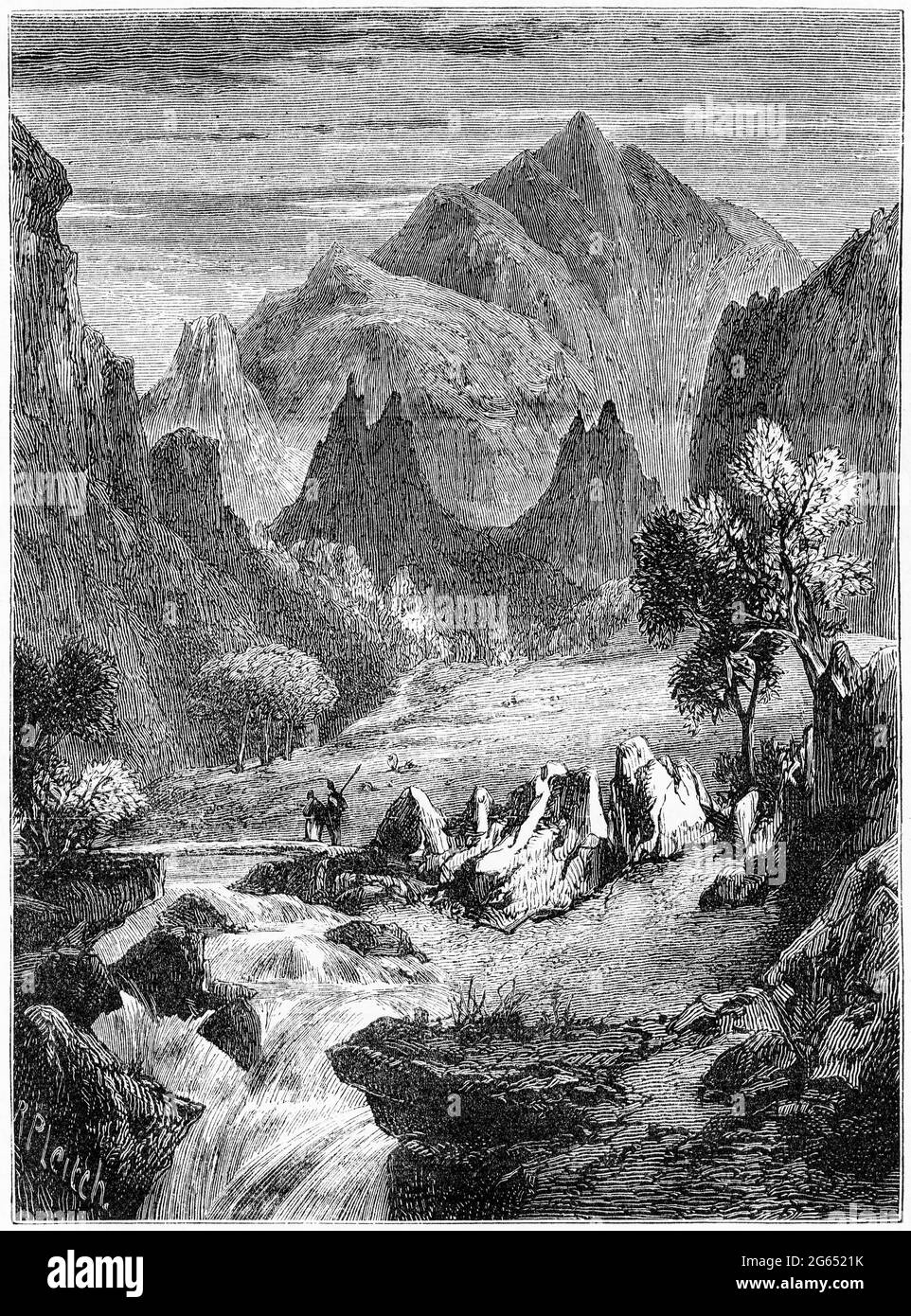 Engraving of the mountain pass of Pra Del Tor in Italy, regularly used ...