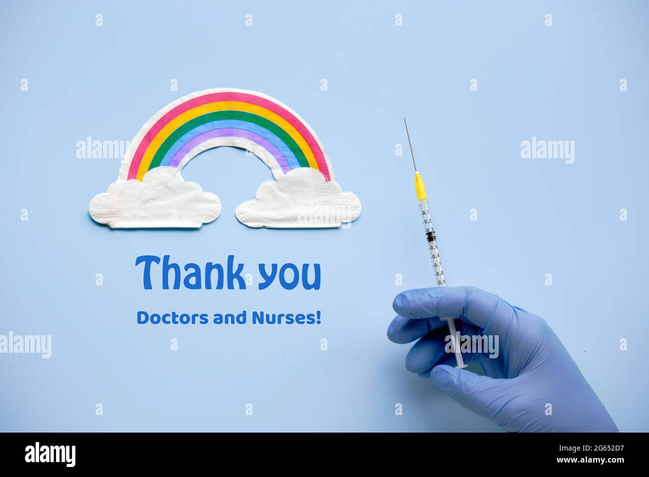 Rainbow with clouds. Text Thank you doctors and nurses. Many thanks to ...
