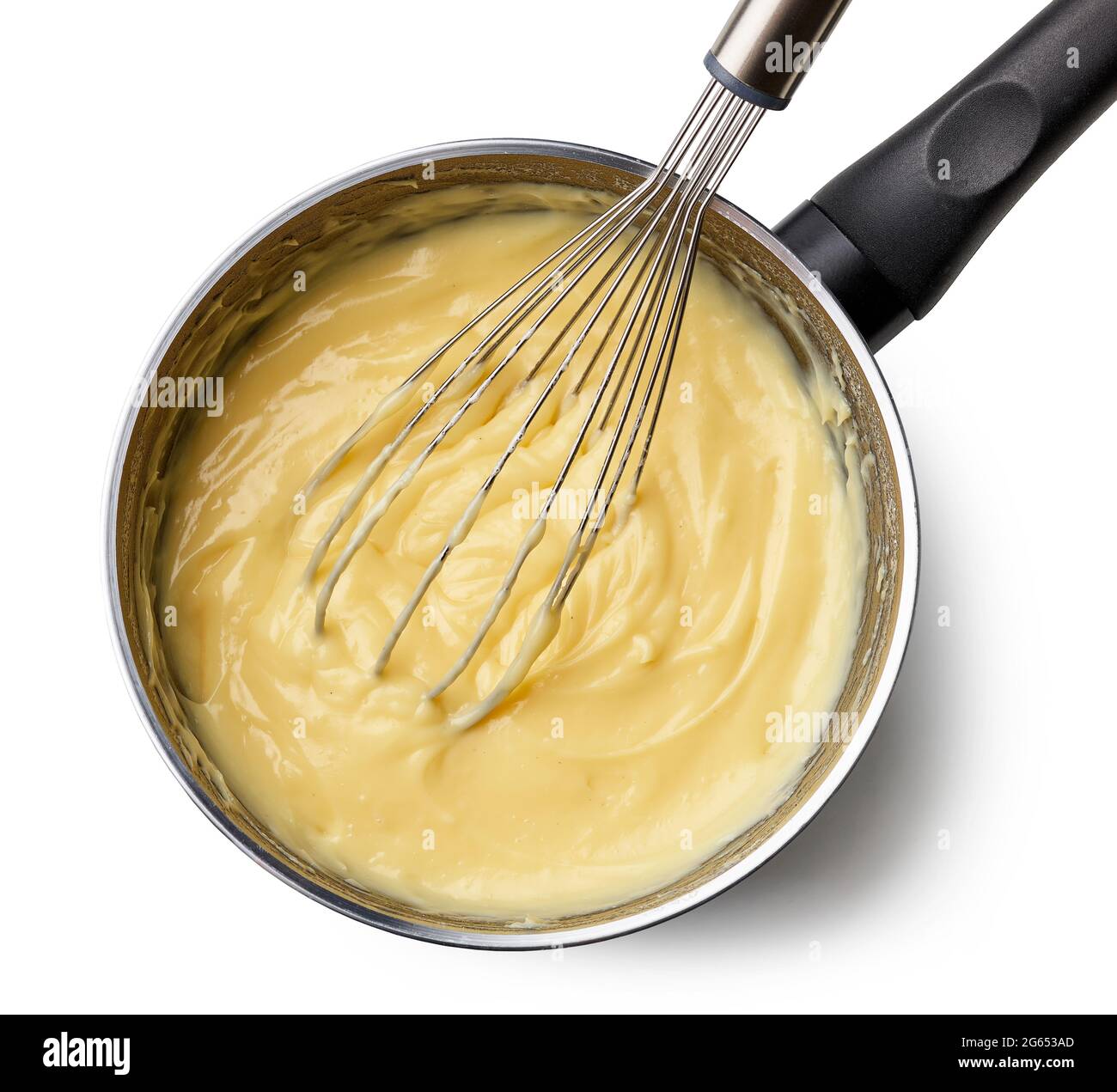 process of making custard cream. ingredients in a pot. mixing with ...