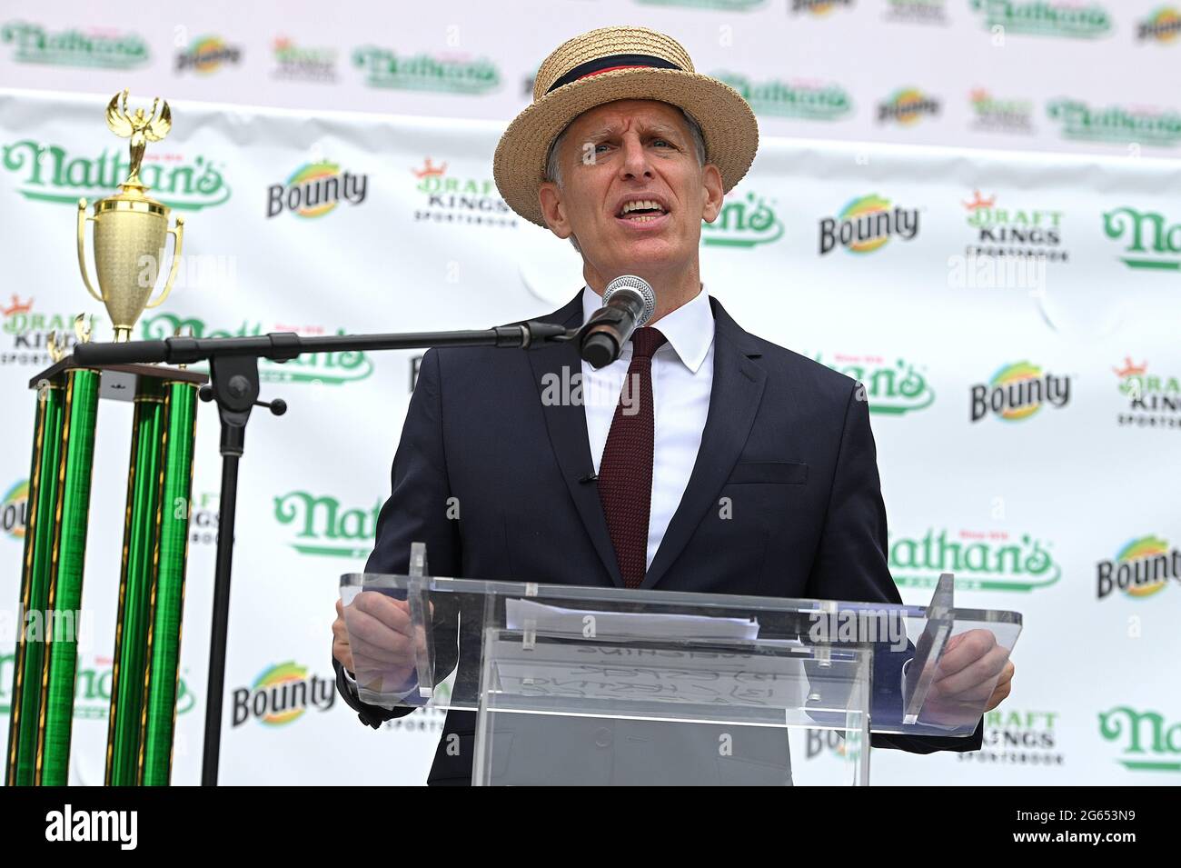 New York, USA. 02nd July, 2021. Host George Shea speaks at the Nathan's ...