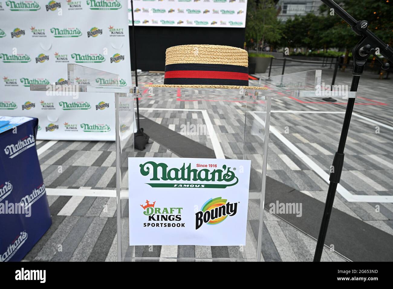 Host George Shea’s straw hat sits on podium at the Nathan’s Famous ...