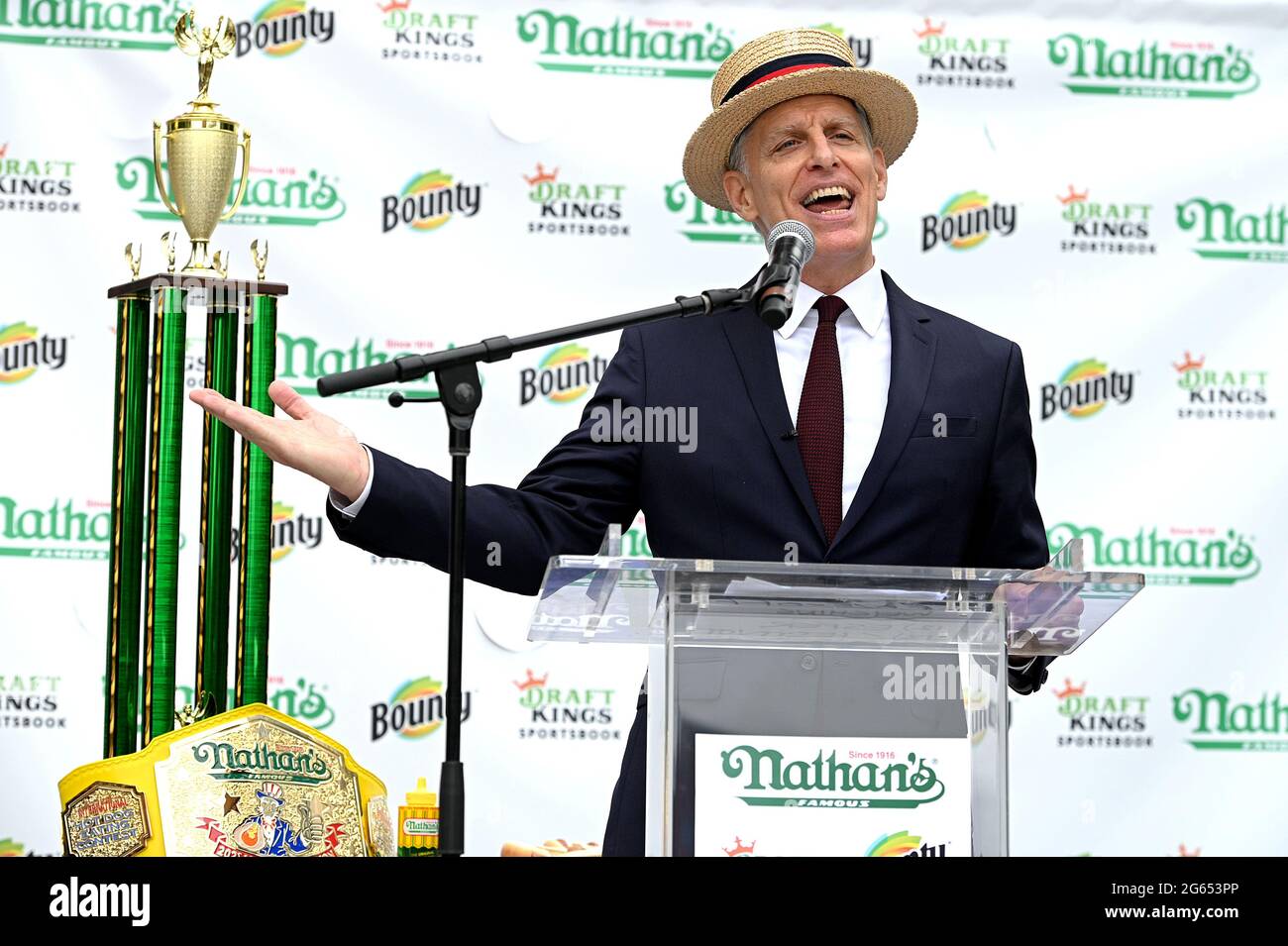 New York, USA. 02nd July, 2021. Host George Shea speaks at the Nathan's ...