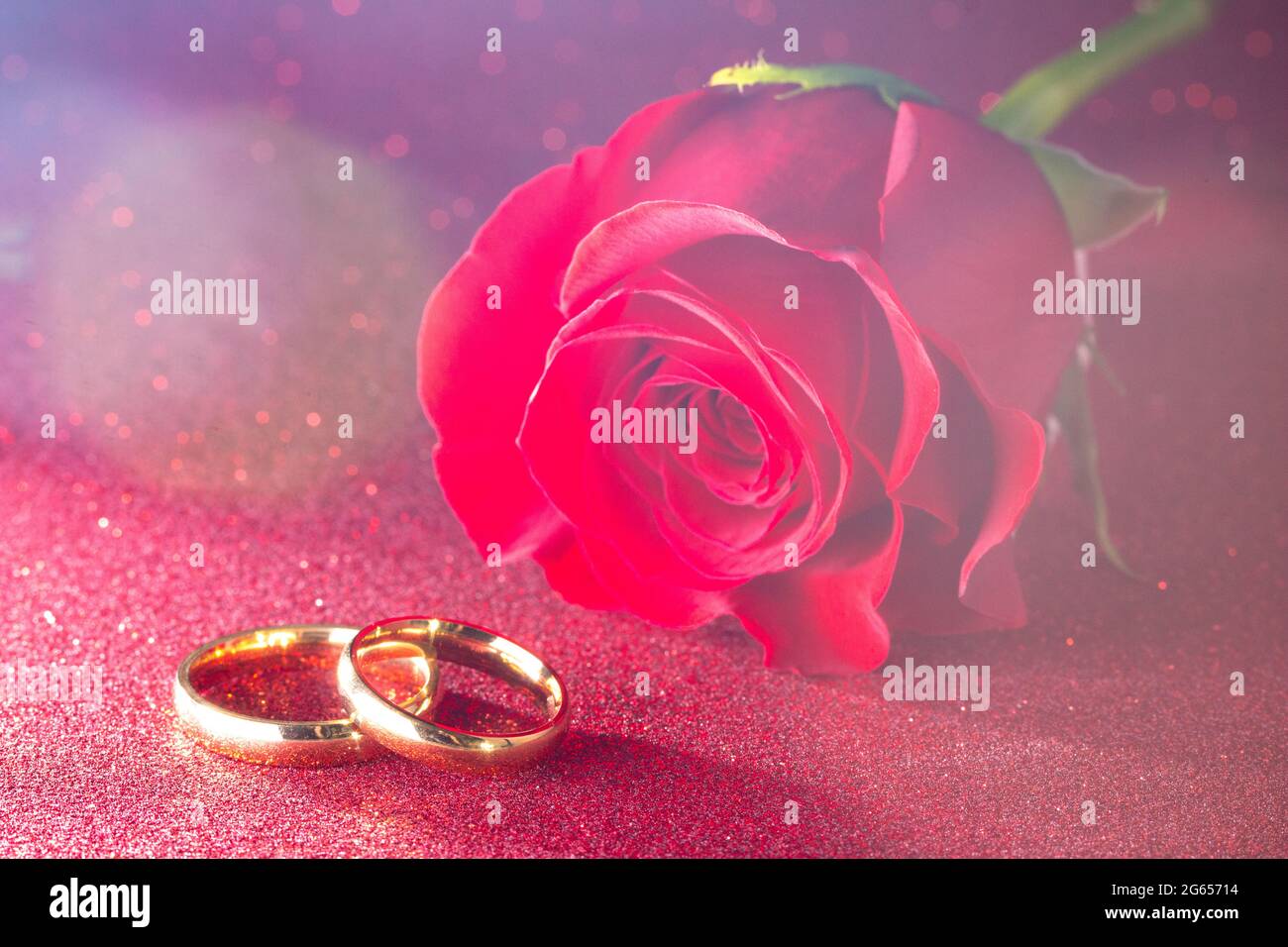 Gold Wedding Bands and a Red Rose on a Red Glitter Background Stock ...