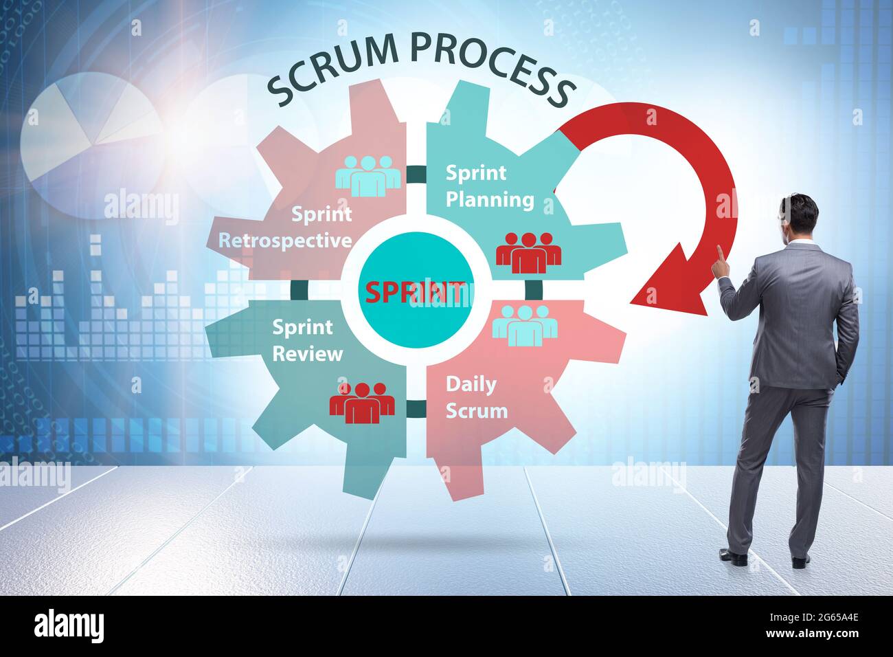 Scrum process illustration with the businessman Stock Photo - Alamy