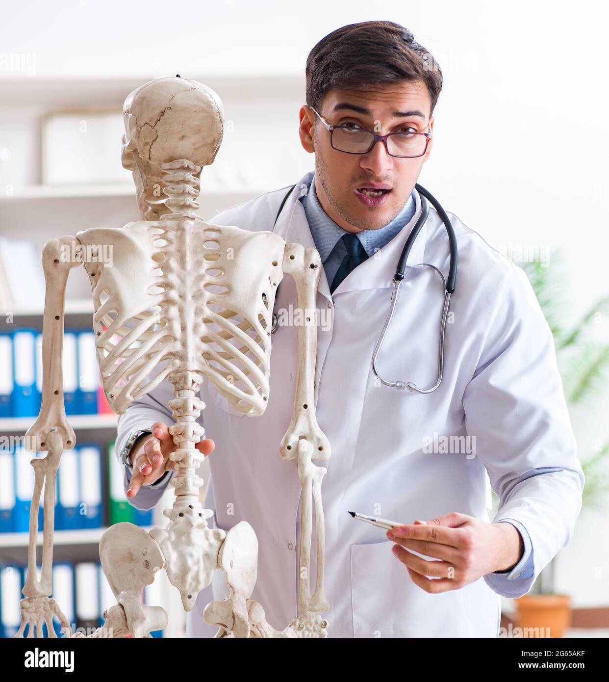 The yong male doctor with skeleton isolated on white Stock Photo - Alamy